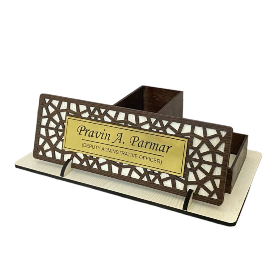 Name plate with Multipurpose Wooden Desk Organizer, Visiting Card, Pen ...